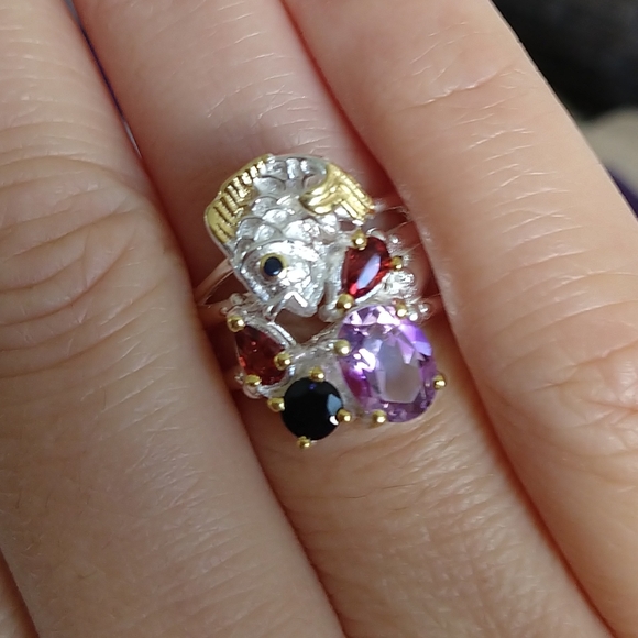 Jewelry | Nice Genuine Sapphire Amethyst Garnet Fish Art Rin | Poshmark